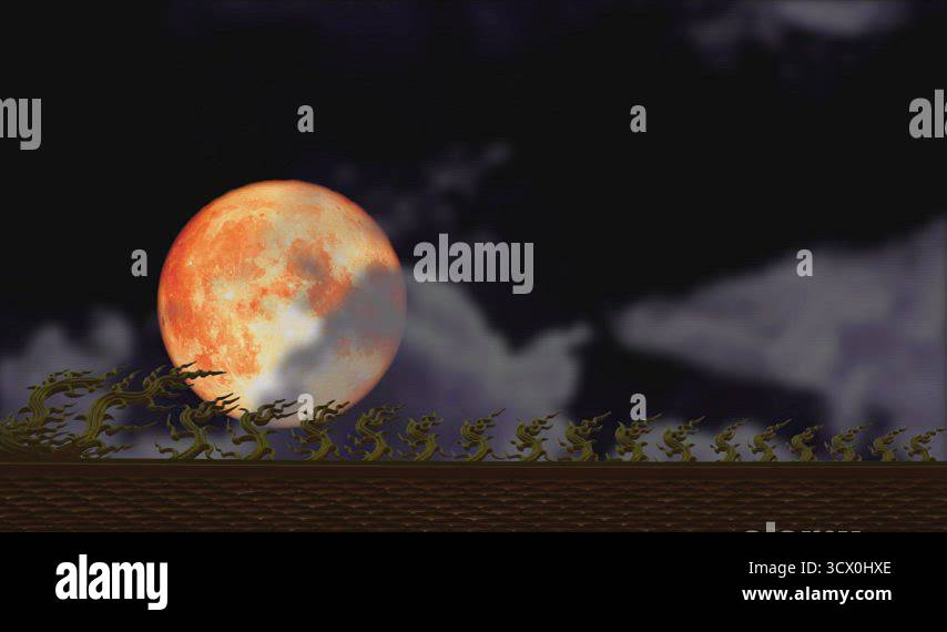 full Strawberry blood moon back on night sky and blur cloud moving pass ...
