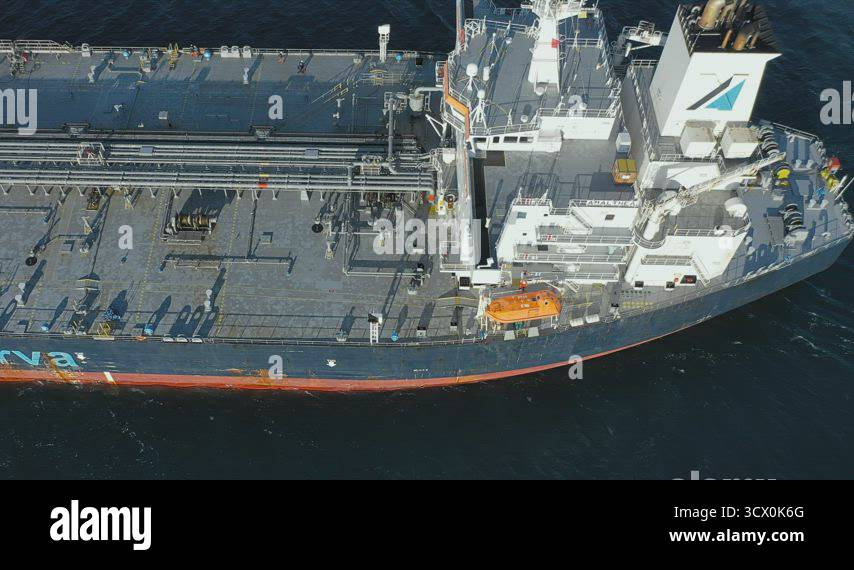Aerial, Close up. Crude oil tanker Minerva Amalthea underway in open ...