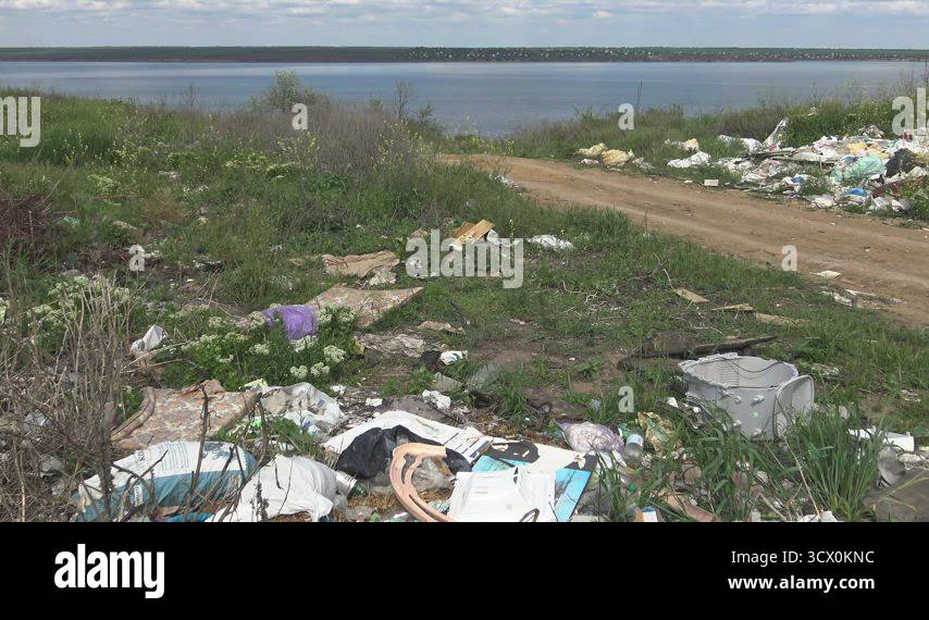 Heaps of plastic trash on the shore of the reservoir. Environmental ...