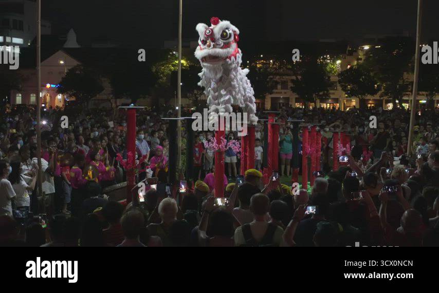 Lion dance performance with vigorous drum beat during chinese new year ...