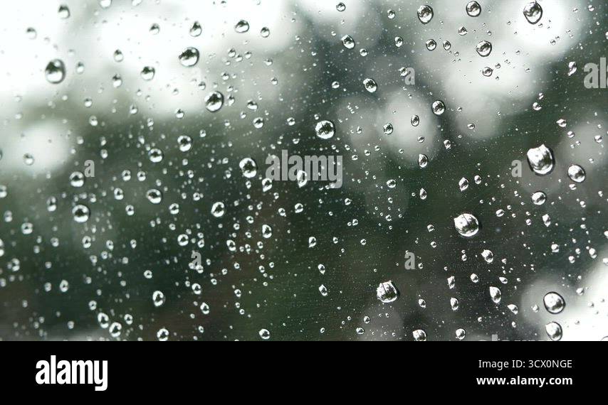 4K footage. rain running up on clear window glass surface with green ...