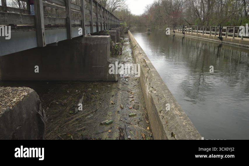 Plastic and other debris near the lock in the canal of the lake, the ...