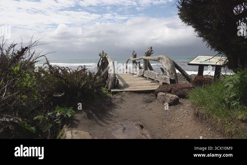 The shore of the Pacific Ocean, a bridge across the river, flowing into ...