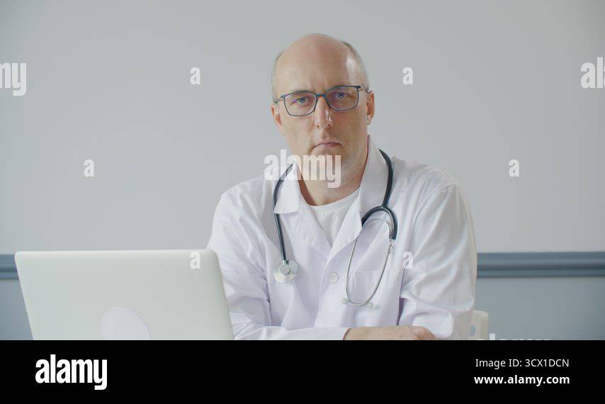 Portrait male doctor saying no while online consultation in medical ...