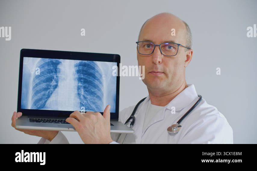 Practitioner doctor showing CT scan lung on laptop screen while online ...