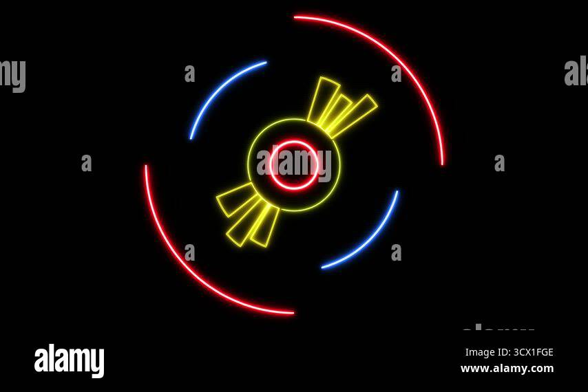 Rotating and flickering rings and lines of different colors on a black ...
