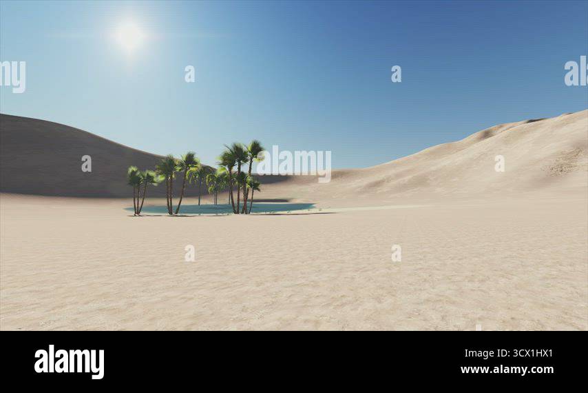 4k animation of Oasis In A Desert With Hot Sun In Background Stock ...