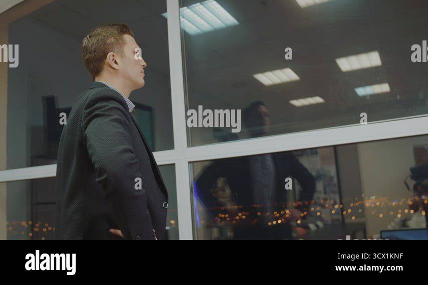 Back view of male entrepreneur dressed in corporate suit looking out of ...