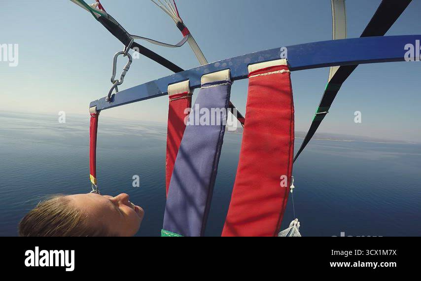 Parasailing POV over Adriatic sea Croatia. Parachute slings and bar ...