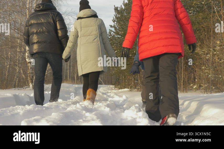 Dad, son, daughter and mother walking on snow path in winter forest ...