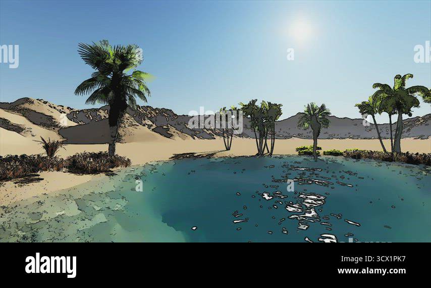 4K Animation Of Oasis In A Desert With Hot Sun In Background Stock ...