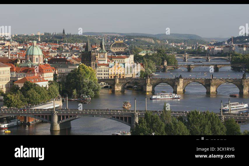 Scenic summer sunset aerial view of the Prague Old Town pier ...
