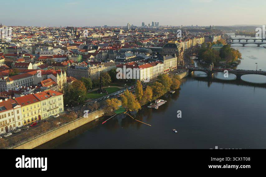 Scenic autumn aerial view of the Prague Old Town pier architecture and ...