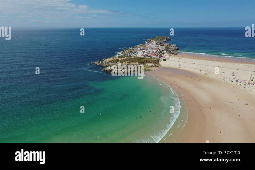 Aerial view of island Baleal naer Peniche on the shore of the ocean in ...