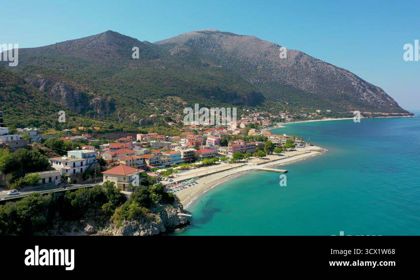Aerial view of city of Poros, Kefalonia island in Greece. Poros city in ...