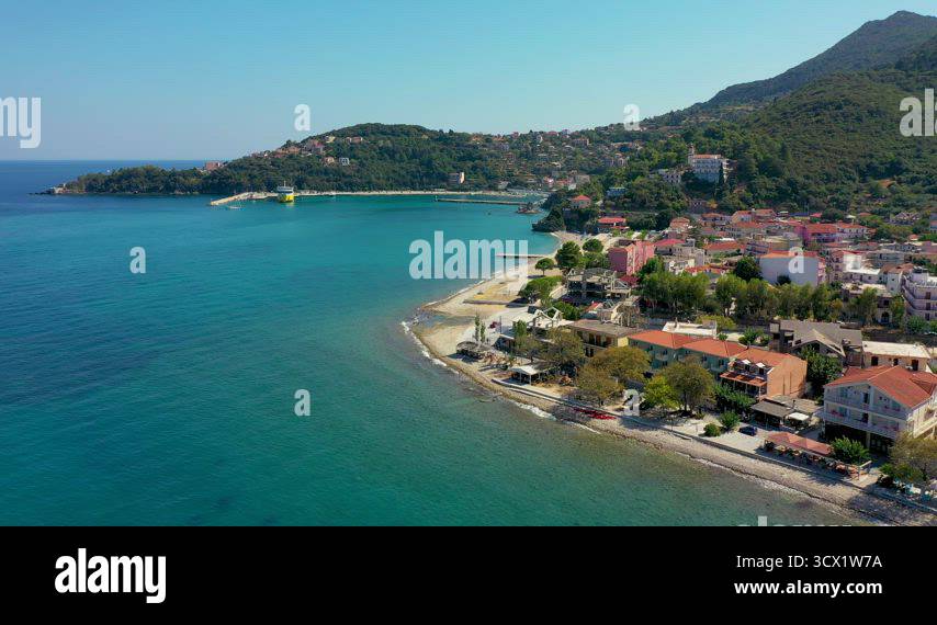 Aerial view of city of Poros, Kefalonia island in Greece. Poros city in ...