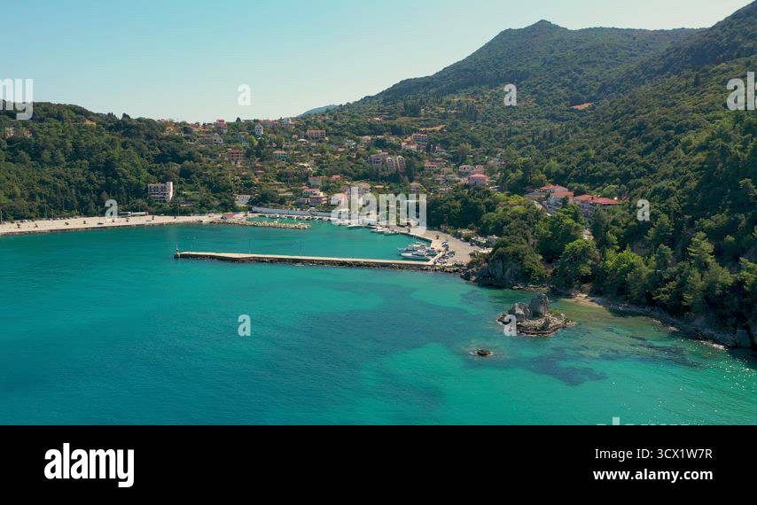 Aerial view of city of Poros, Kefalonia island in Greece. Poros city in ...