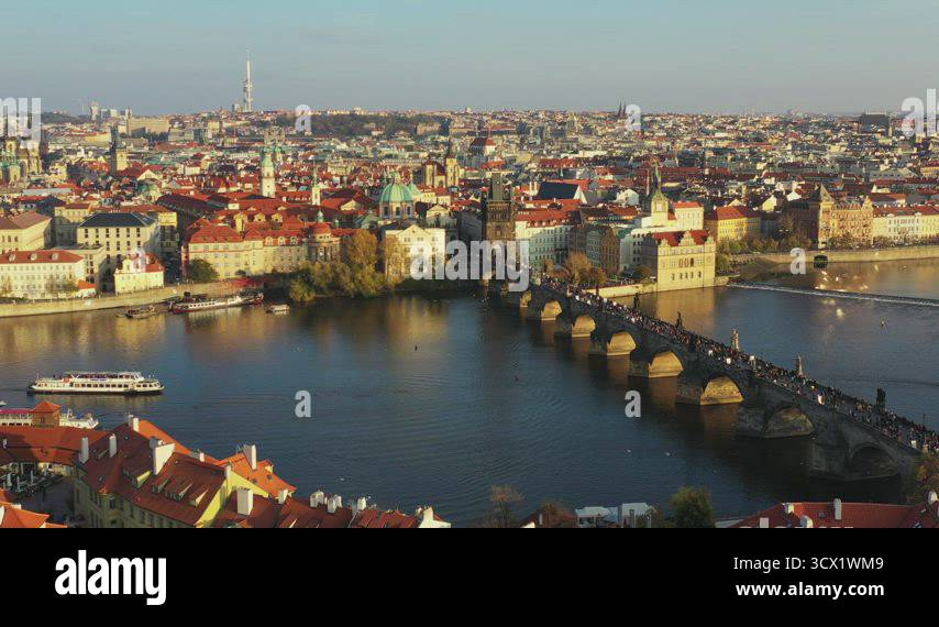Scenic autumn aerial view of the Prague Old Town pier architecture and ...