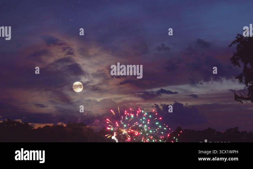 Panorama view of dramatic sky full moon colorful of fireworks in ...