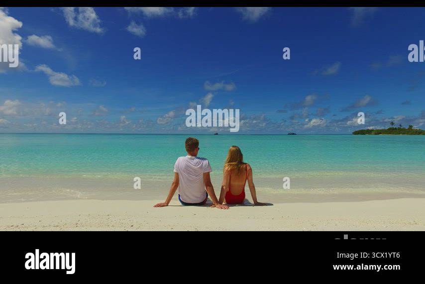 Happy people in love dating on vacation have fun on beach on summer ...