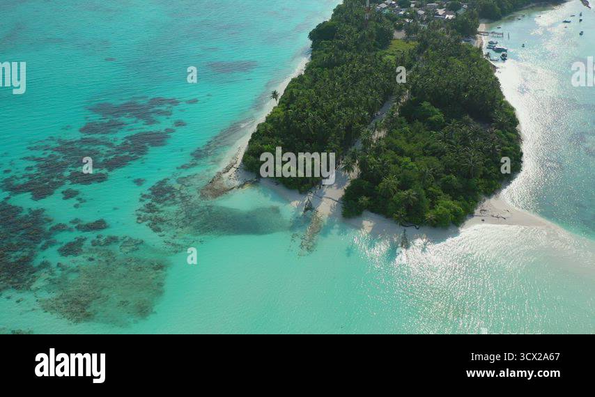 Tropical overhead copy space shot of a white paradise beach and blue ...