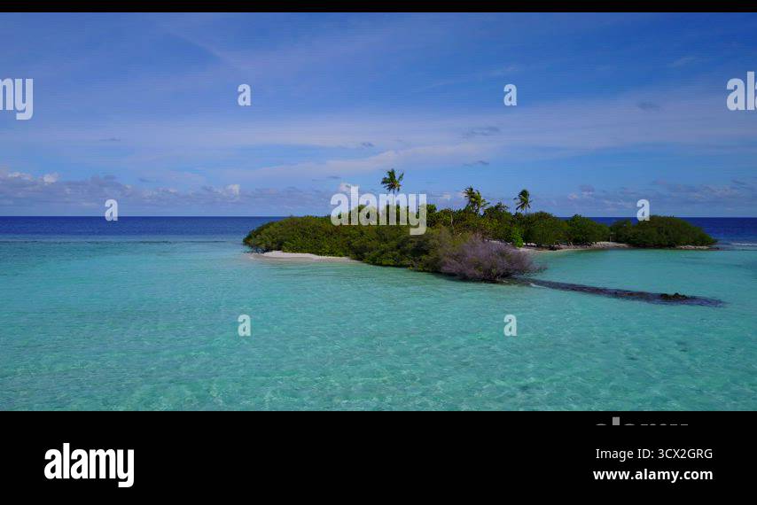 Daytime flying island view of a sunshine white sandy paradise beach and ...