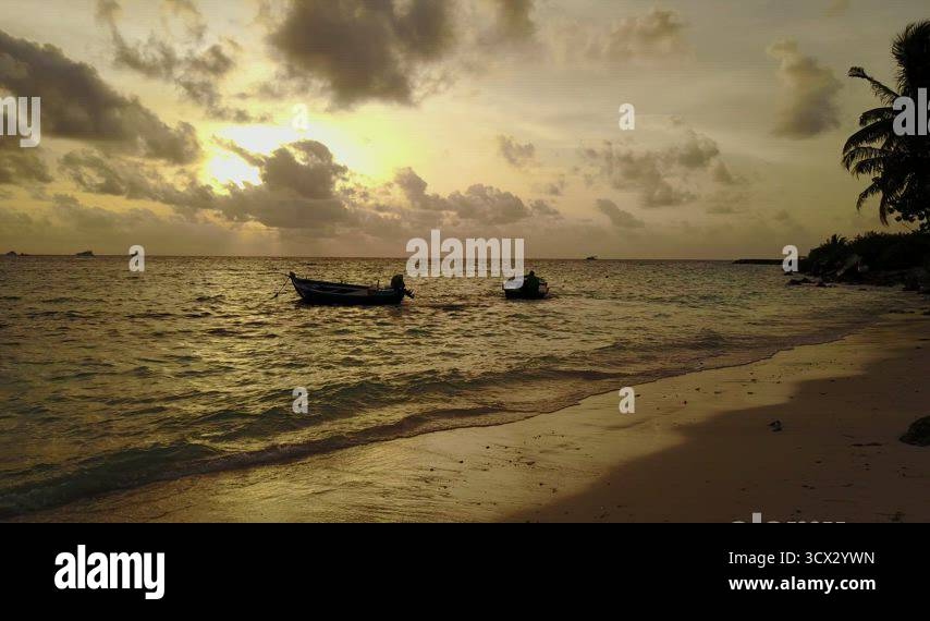 Wide overhead travel shot of a paradise sunny white sand beach and aqua ...