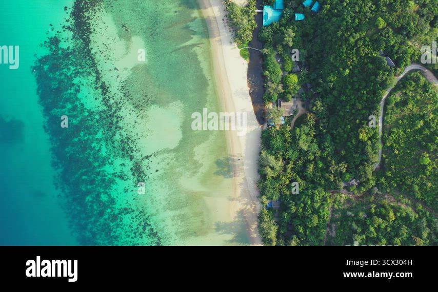 Wide overhead copy space shot of a white paradise beach and blue water ...