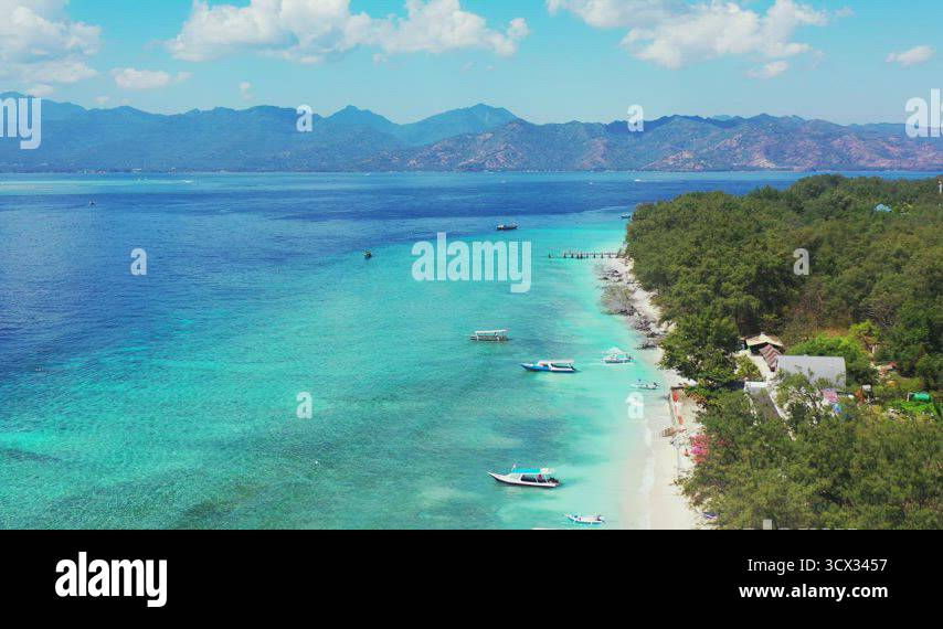 Tropical drone copy space shot of a white paradise beach and blue water ...