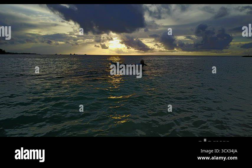 Beautiful flying copy space shot of a white sand paradise beach and ...