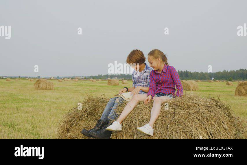 Girl and boy teenagers sitting on haystack at harvesting field. Happy ...