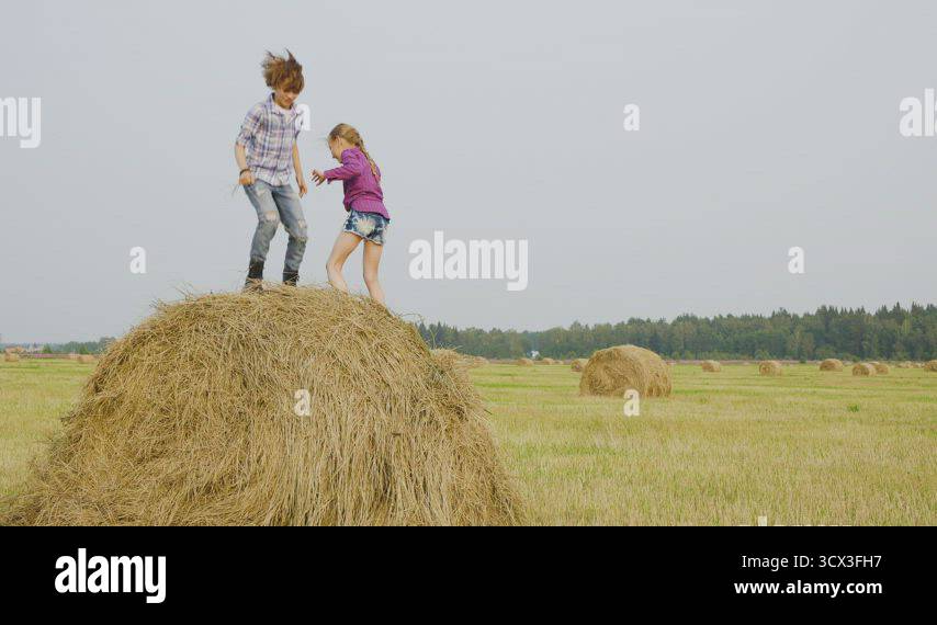 Romantic couple leaning back on haystack on harvesting field in ...