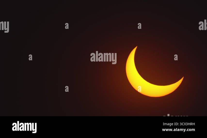 Close up of partial solar eclipse while sun is moving on the sky. Crane ...