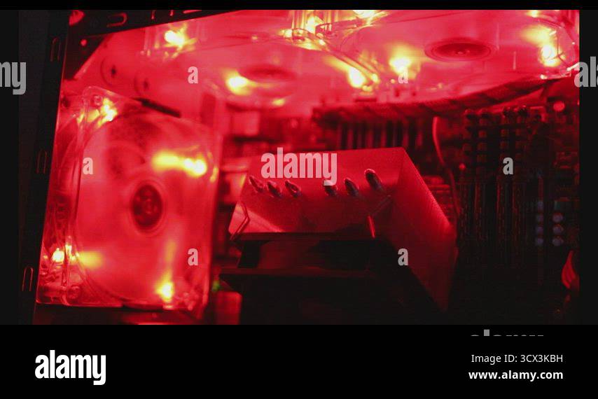 Computer fans for cooling quickly turn in the red light Stock Video ...