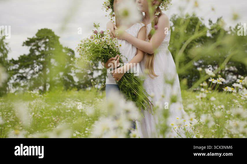 Two girl teenager in floral wreath with flowers bouquet standing on ...