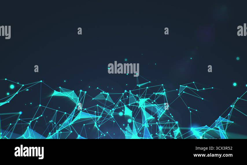 Network of moving lines, polygons and particles on lower half of screen ...