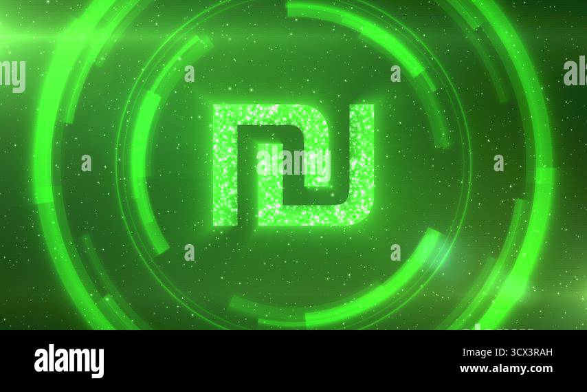 Green Israeli shekel currency symbol on space background with circles ...