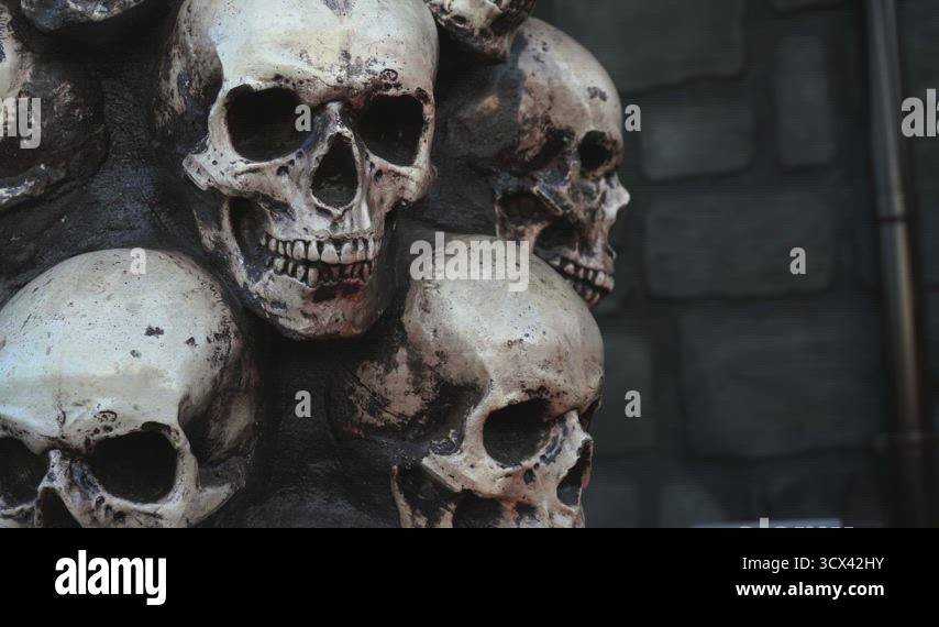 Skull Halloween background Many people skulls stand on top of each ...
