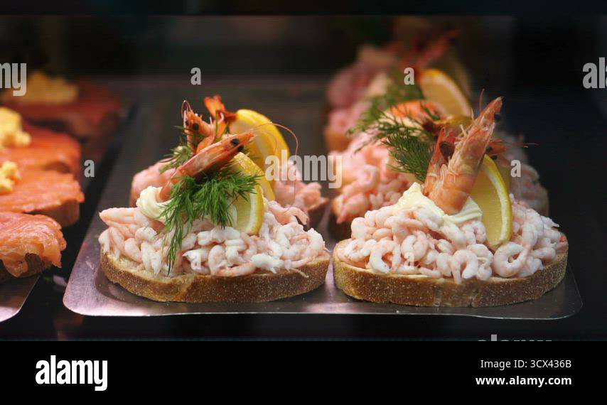 Denmark, scandinavian open sandwich. Delicious rye bread with different ...