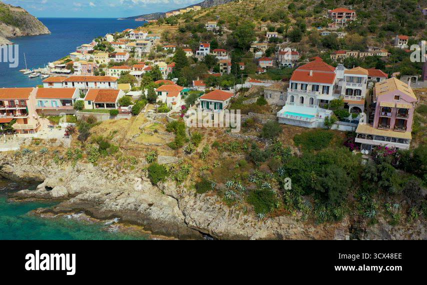 Assos village in Kefalonia, Greece. Turquoise colored bay in ...