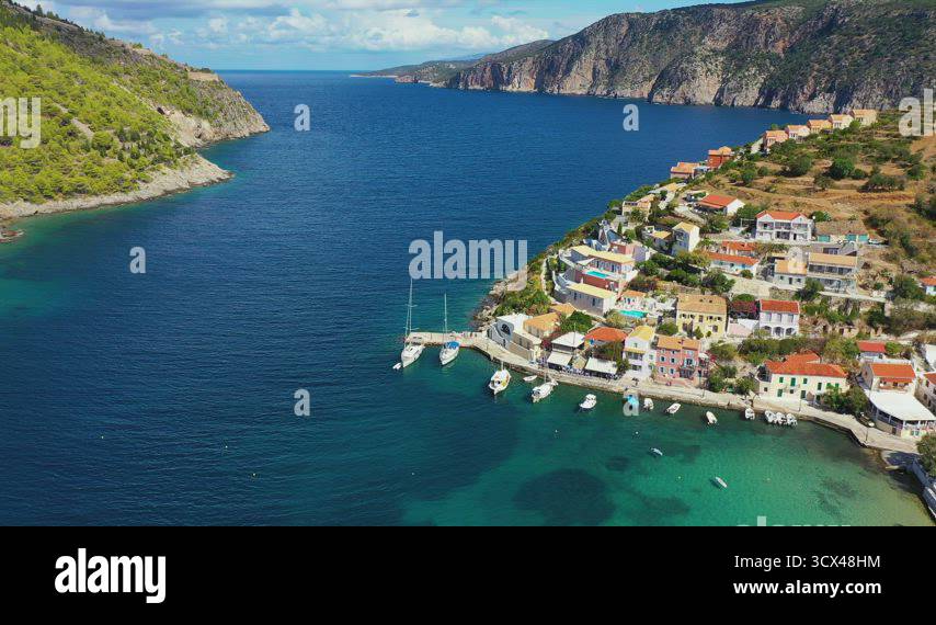 Assos village in Kefalonia, Greece. Turquoise colored bay in ...