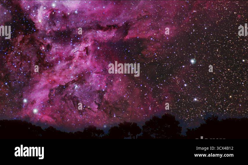 magenta color galaxy move pass top tree on night sky time lapse Stock ...