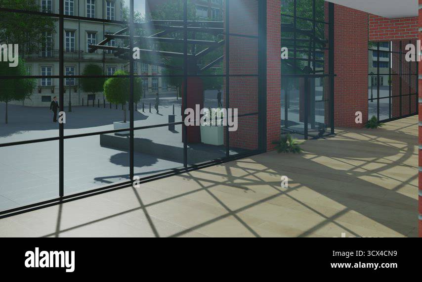 People walking in front of office building, view from inside building ...