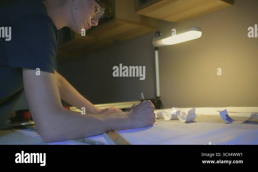 MS SELECTIVE FOCUS Man leaning over table and drawing, Cameri, Novara ...