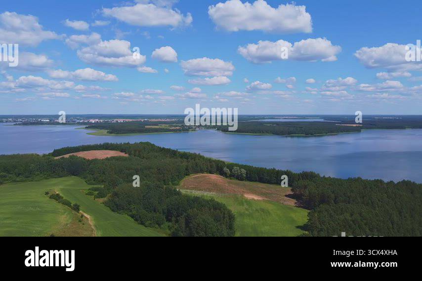Aerial view of amazing natural landscape of deep lakes and young green ...
