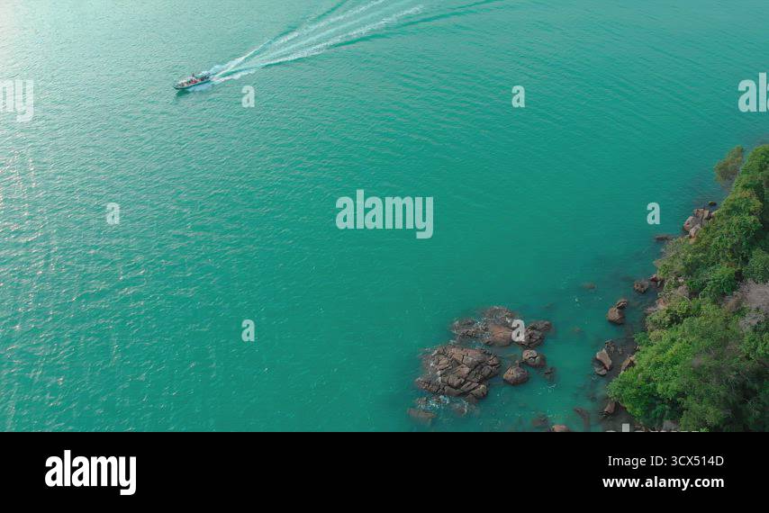 Drone shooting. Aerial footage of the boat sails out of the bay ...