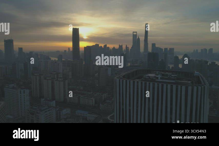 Shanghai Skyline at Sunrise. Aerial View. China. Drone is Flying ...