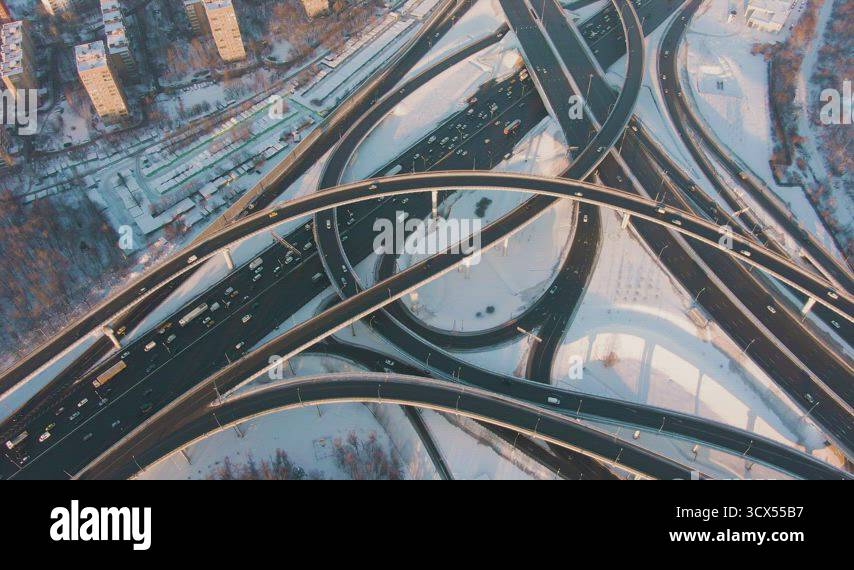 Complex Flyover and Road Traffic at Sunny Winter Day. Aerial View ...