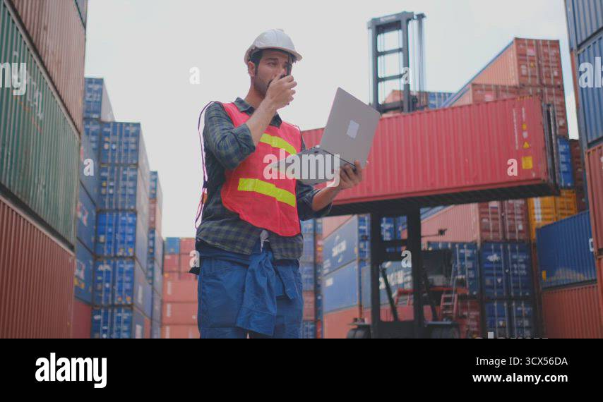 Technician or engineer worker use walkie talkie contact with team then ...