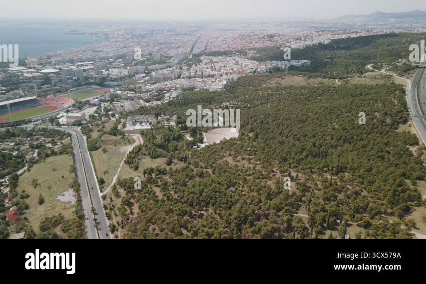 Thessaloniki, Greece aerial drone landscape of traffic on Periferiaki ...